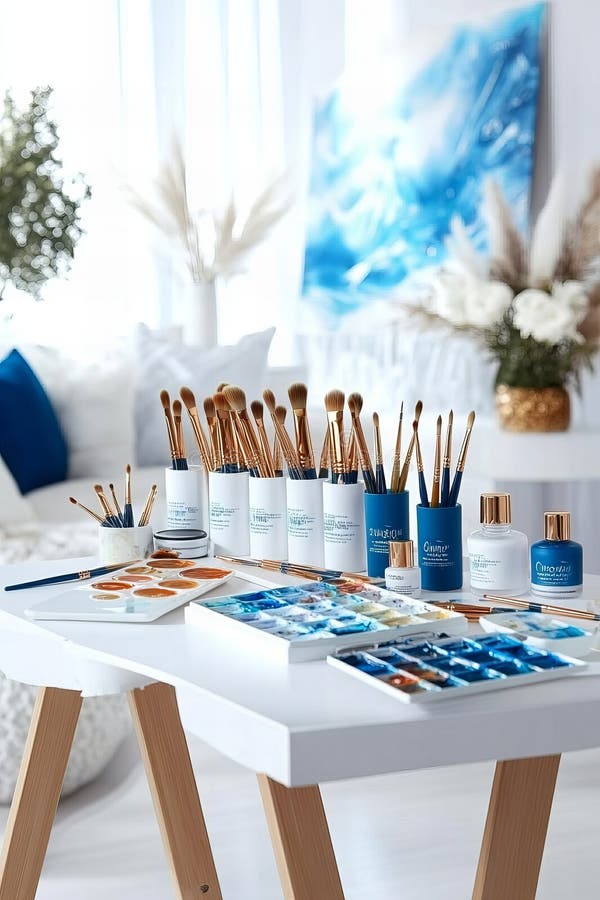 Art Supplies Display with Paintbrushes and Paints in Bright Studio ...
