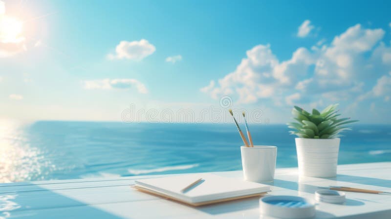 Art Supplies on Ocean View Table Stock Illustration - Illustration of ...