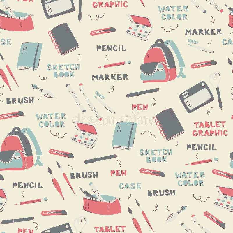 Art Supplies Seamless Pattern. Vector Doodle Elements for Drawing ... Art Supplies Seamless Pattern. Vector Doodle Elements for Drawing ...