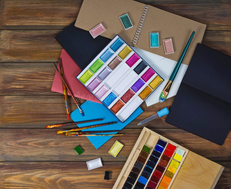 Art Supplies on the Table. Top View with Copy Space. Professional Art ...