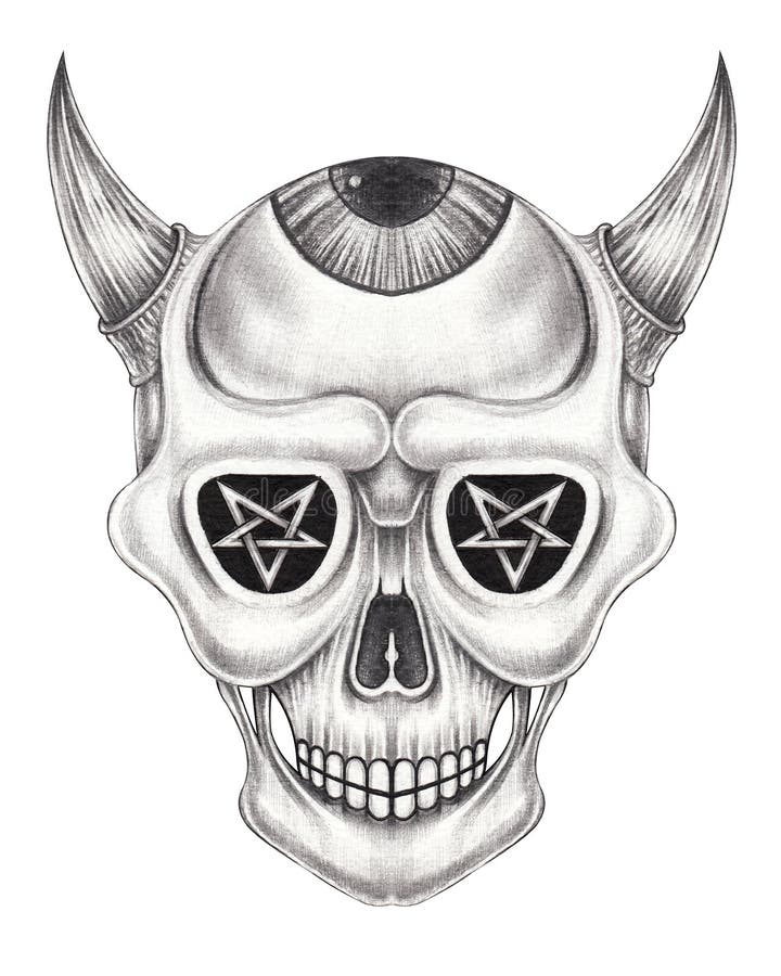 Art devil skull tattoo. stock illustration. Illustration of cranium ...