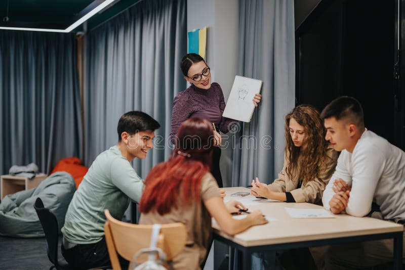 Art Teacher Guiding Students during a Creative Drawing Class Stock ...