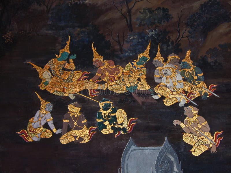 Lai Thai Art Painting on Wall in Temple Stock Image - Image of calm ...