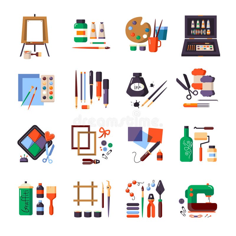Art materials icons set stock illustration. Illustration of color ...