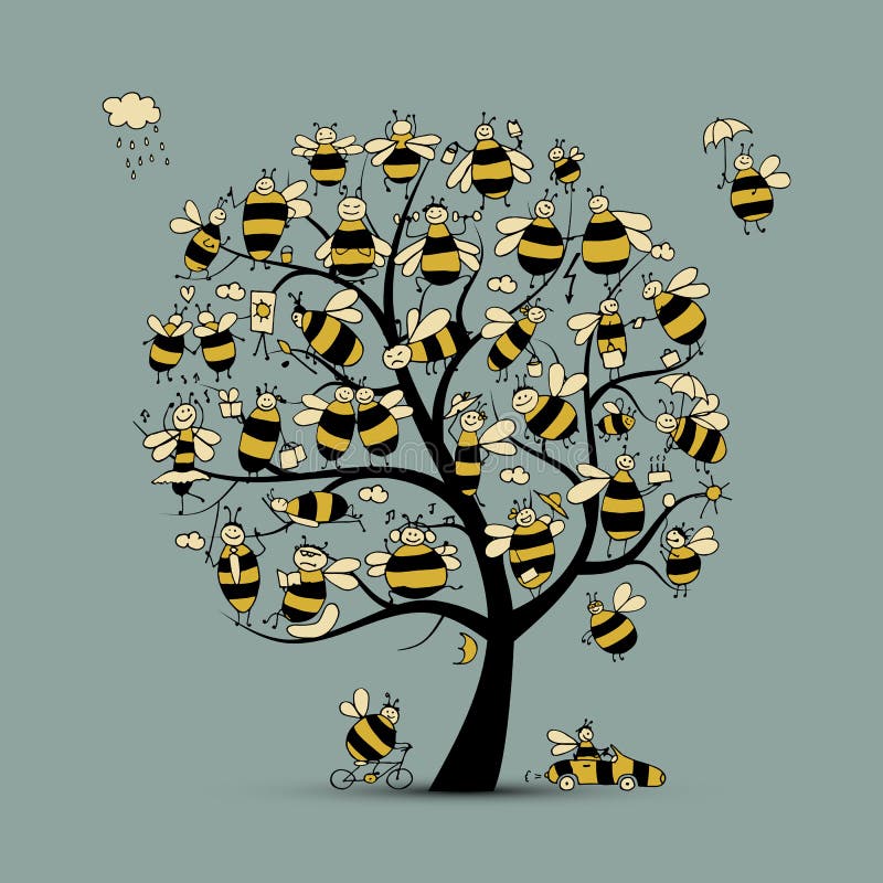 Art Tree with Family Bees, Sketch for Your Design Stock Vector ...