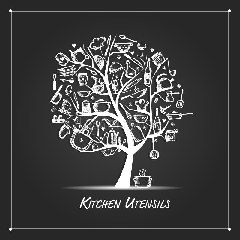 Art Tree with Kitchen Utensils, Sketch Drawing Stock Vector ...