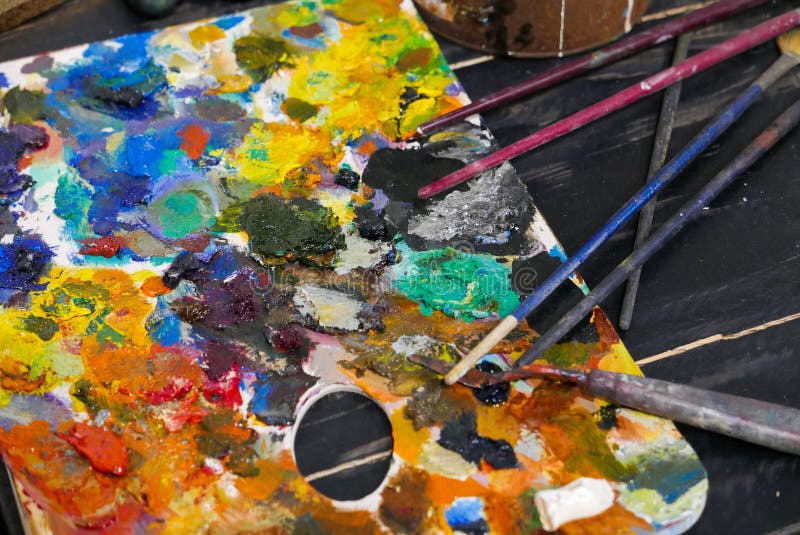Art Work Shop Color Palette with Brushes. Stock Photo - Image of ...