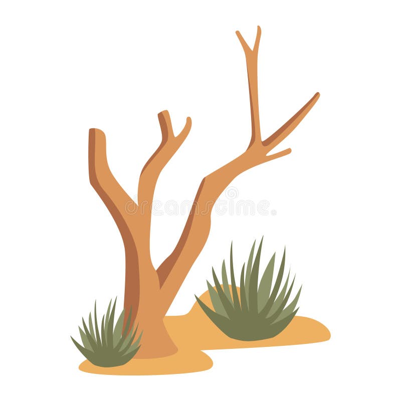 2D Twin Bare Trees and Desert Shrubs Stock Illustration - Illustration ...