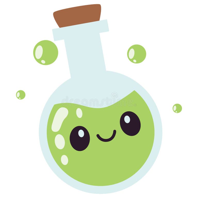 2D Illustration of Cute Green Potion Flask with Smiling Face Stock ...