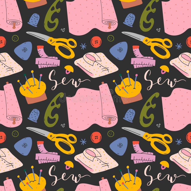Sewing Backdrop Made of Colorful Simple Illustrations, Seamless Vector ...