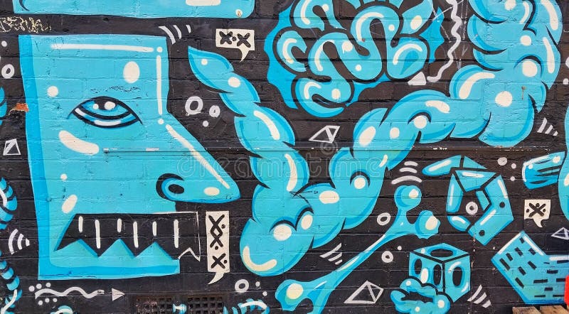 Arte gráfico azul graffiti foto editorial. Imagen de arte - 284072856