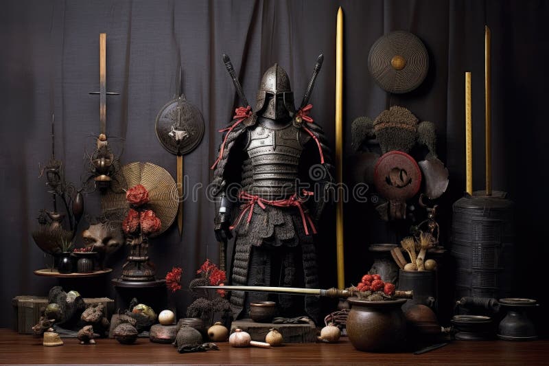 Artful Arrangement of Samurai Weapons and Armor Stock Illustration ...