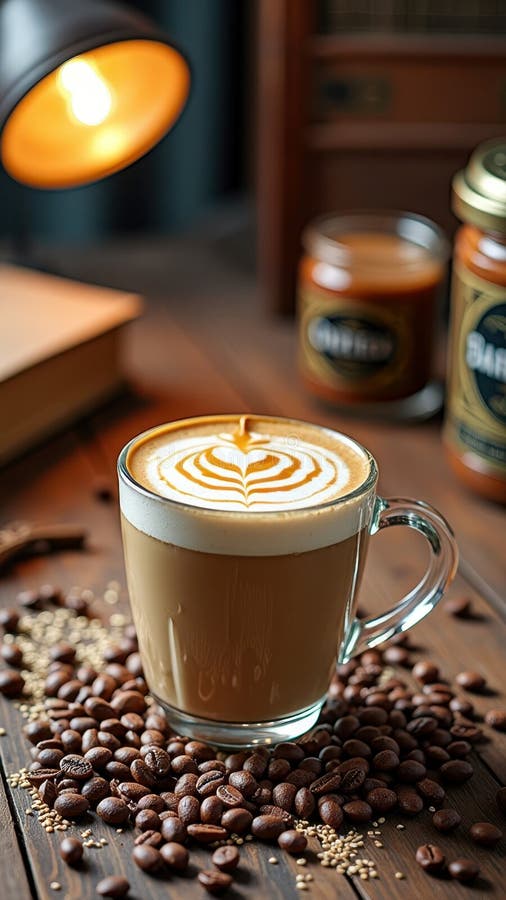Artful Cappuccino in Cozy Cafe Setting with Coffee Beans Stock Photo ...