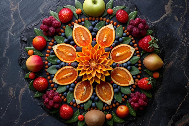 An Artful Circular Arrangement of Fruit in the Shape of a Flower Stock ...