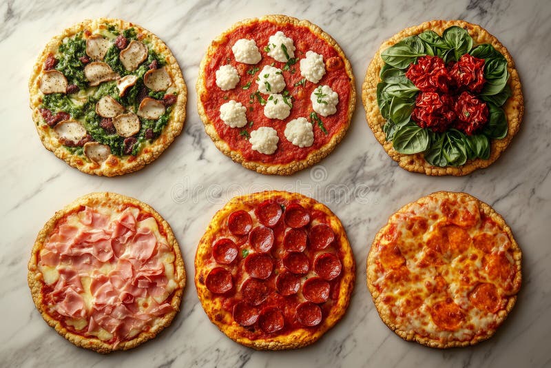 Artful Display of Assorted Pizza Varieties on a Marble Countertop at ...