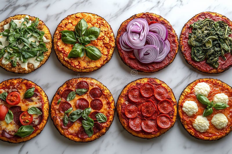 Artful Display of Assorted Pizza Varieties on a Marble Countertop at ...