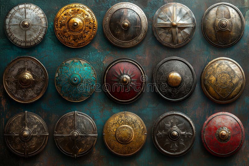 Artful Display of Decorative Shields Stock Illustration - Illustration ...