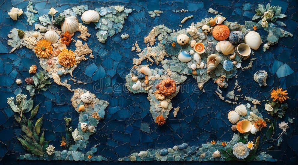 Intricate World Map Crafted from Seashells, Coral, and Floral Designs ...