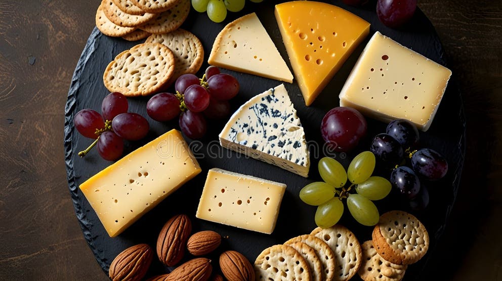 An Artfully Arranged Cheese Board on a Slate Surface Stock Illustration ...