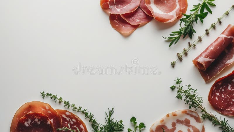 Artfully Arranged Selection of Cured Meats with Fresh Herbs and Spices ...