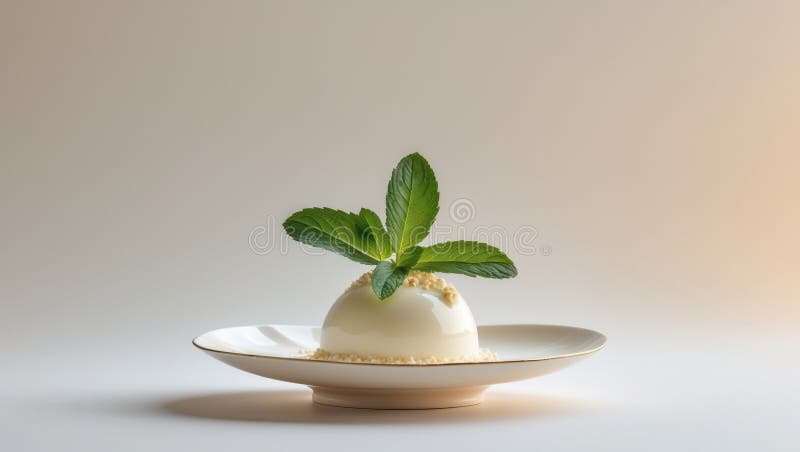 Artfully Plated Dessert with Fresh Mint Leaves on Elegant White Dish ...