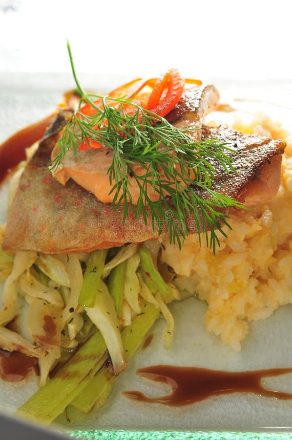 Artic char salmon stock photo. Image of leek, rice, macro - 45623006