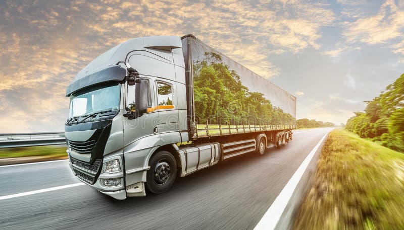 Articulated Lorry Fast Running on Highway through Forested Area Stock ...