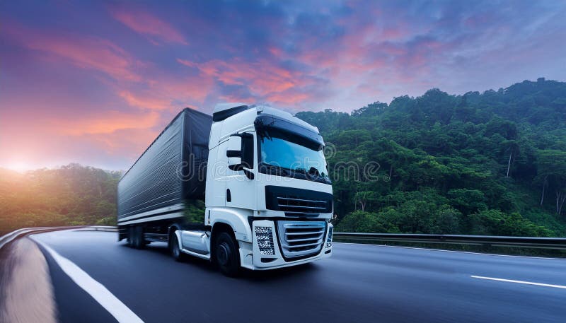 Articulated Lorry Fast Running on Highway through Forested Area Stock ...