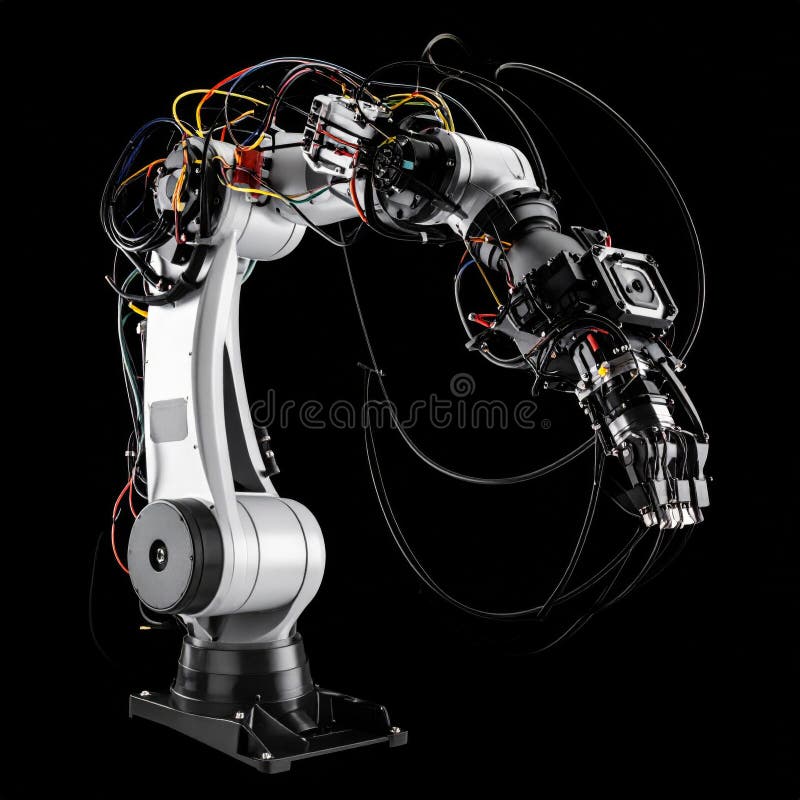 Articulated Robotic Arm with Wires on Black Background Stock ...