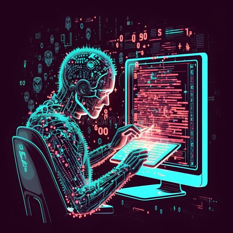 Artificial AI Fake Person Checking Tablet and Sitting in Front of Large ...