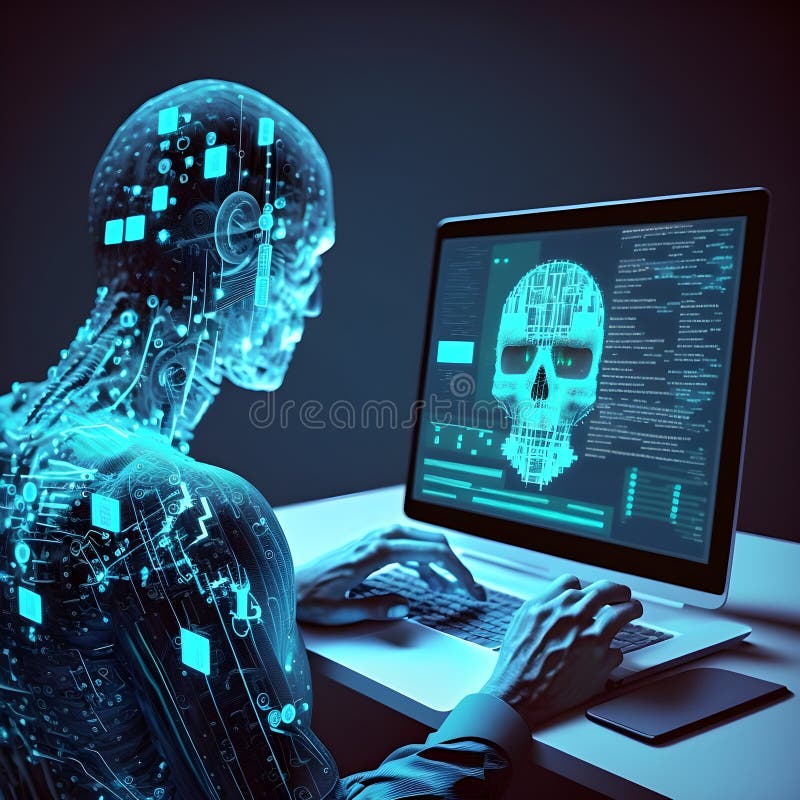 Artificial Bioluminal Fake AI Person Working on a Laptop Looking into ...