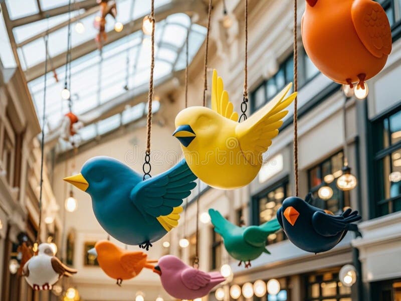 Artificial Birds Hanging on Ropes from the Ceiling of a Shopping Center ...