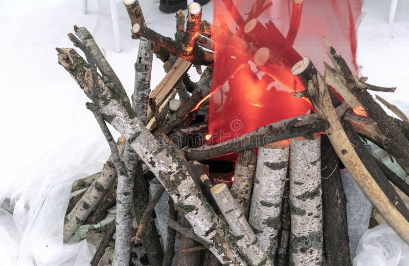 Artificial Bonfire with Birch Logs and Red Lighting Stock Photo - Image ...