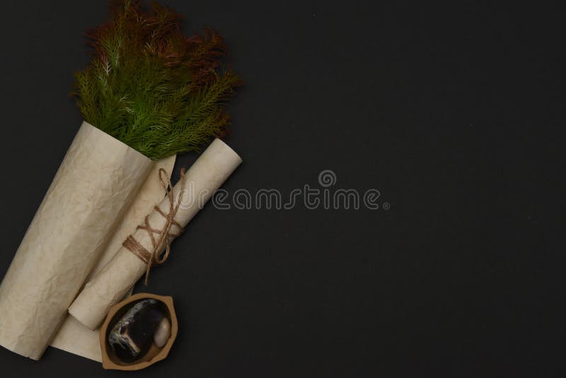 Artificial Branch, Scrolls Made of Old Paper and Natural Stones Stock ...