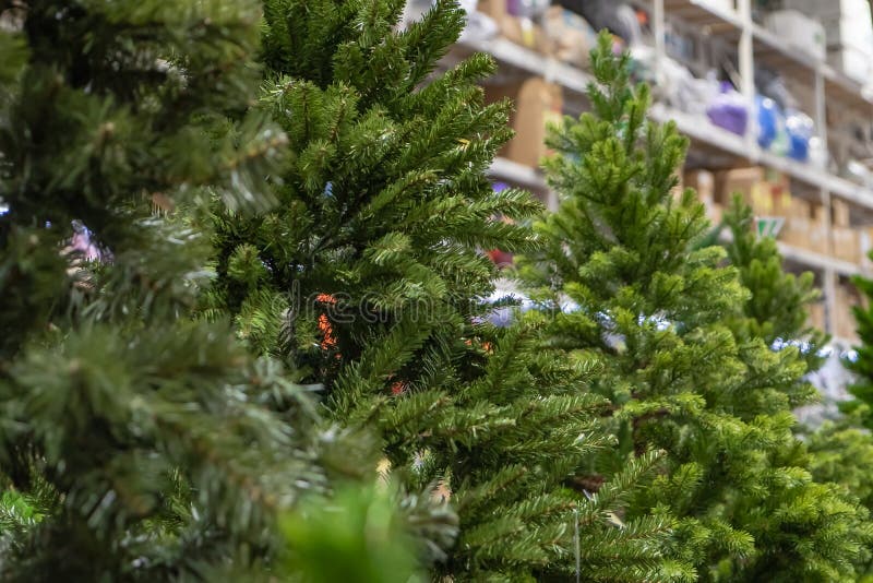 Artificial Christmas Tree at Store Stock Image - Image of decor, gifts ...