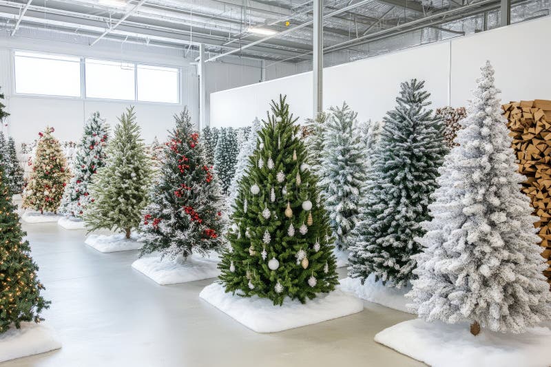 Artificial Christmas Trees Display in a Modern Showroom with Festive ...