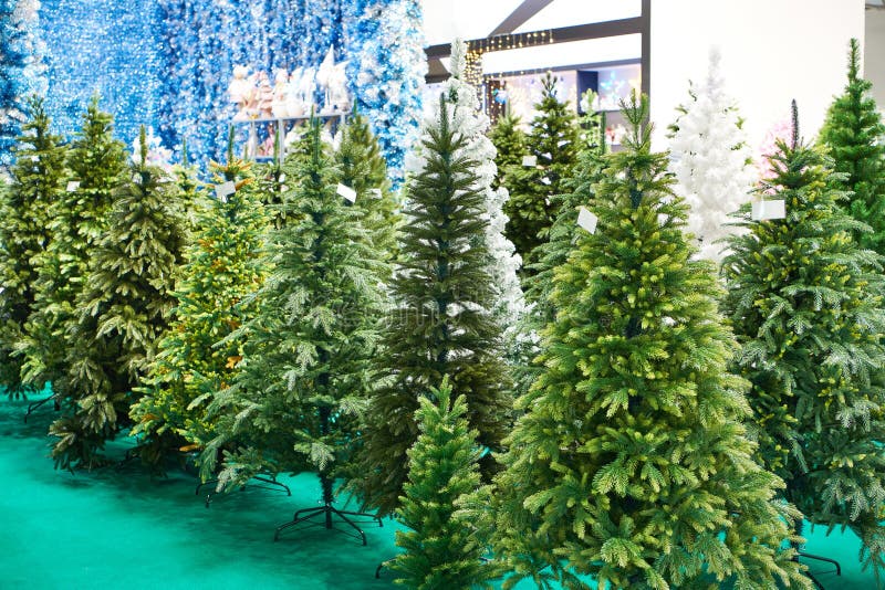 Artificial Christmas Trees Spruce in Store Stock Image - Image of shop ...