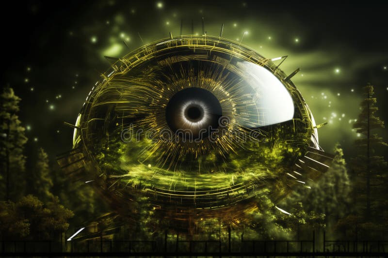 Artificial Eye Closeup in Night Forest and Sky, Augmented Cyber Reality ...