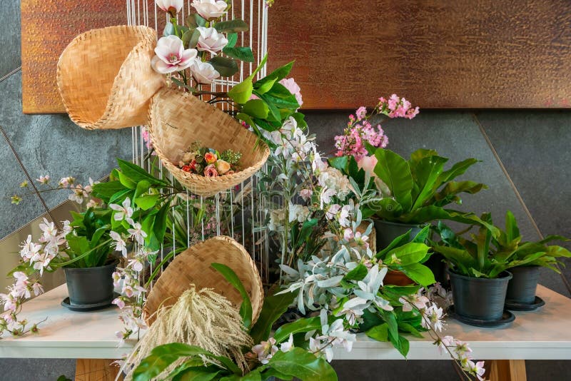 Artificial Flower and Real Tree Plant Decorated on Table and Wall Stock ...