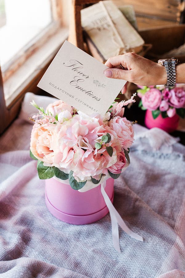 Artificial Flowers in Pink Cardboard Box Flower Decoration Stock Photo ...