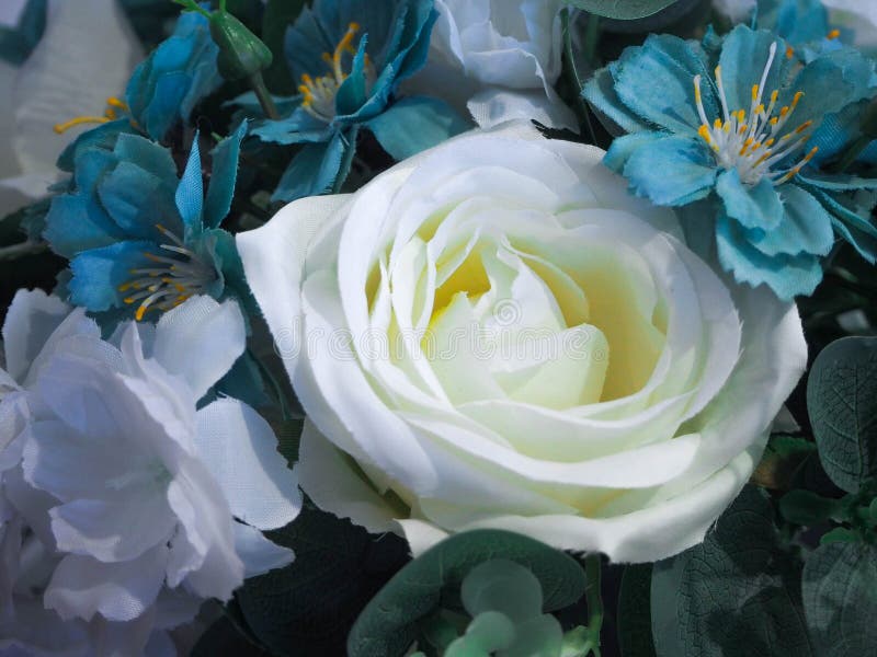 Artificial Flowers in White, Blue and Red Stock Image - Image of roses ...