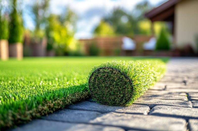 Artificial Grass Roll for New Lawn on Backyard Stock Photo - Image of ...