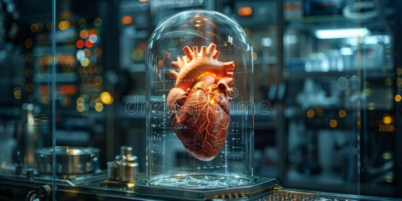 Artificial Heart Encased in a Glass Dome with Glowing Lights in a High ...