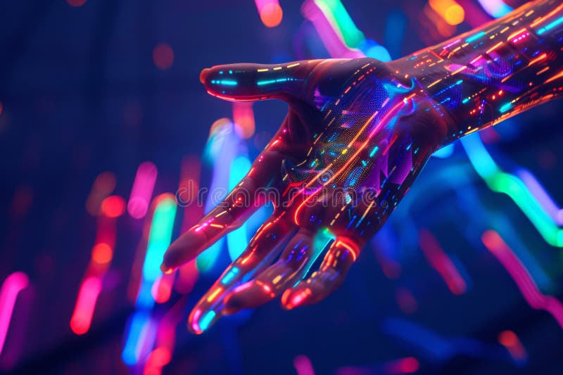 Artificial Human Hand with Neon Lights on Dark Background, Virtual ...