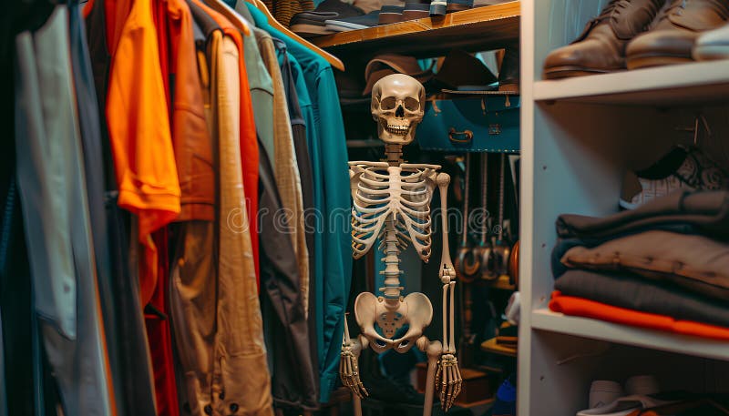 Artificial Human Skeleton Model among Clothes in Wardrobe Stock Image ...