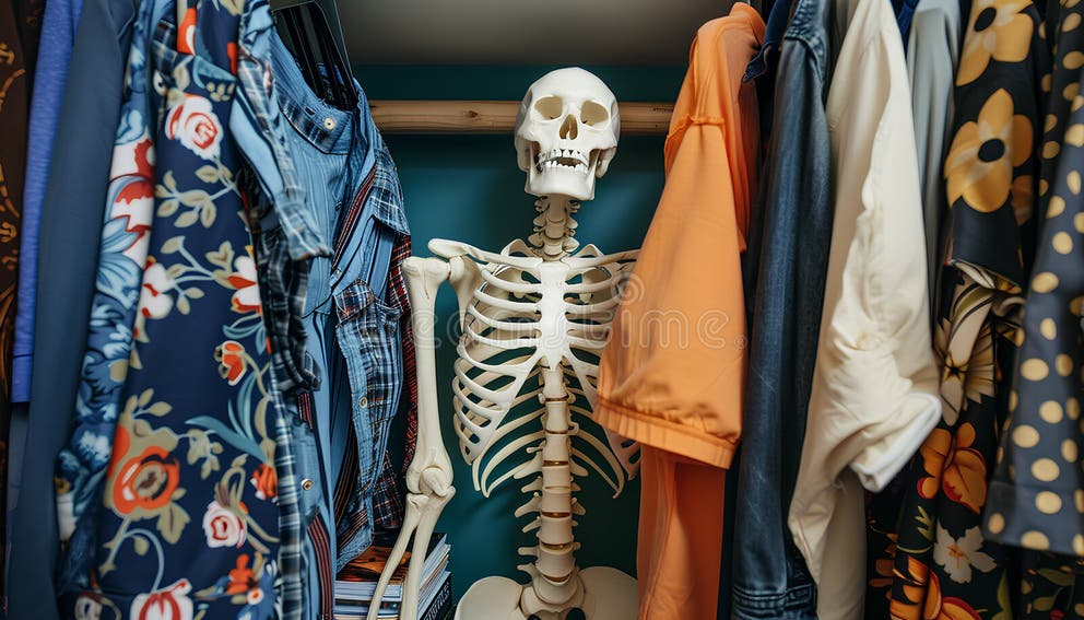 Artificial Human Skeleton Model among Clothes in Wardrobe Stock Image ...