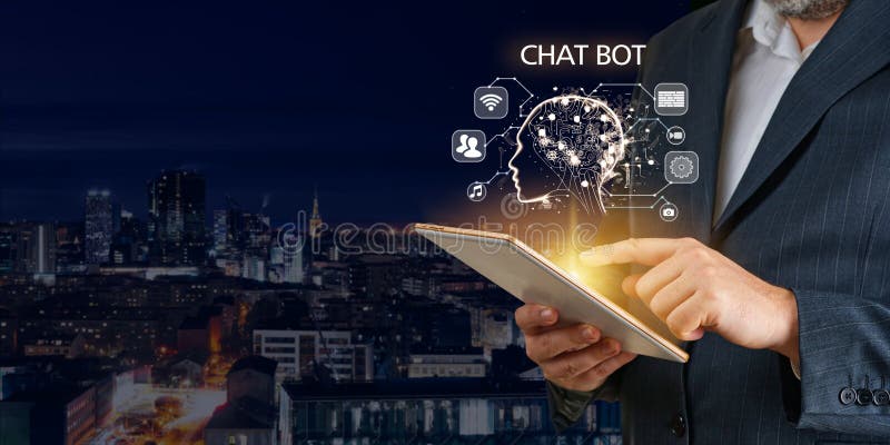 Artificial Intelligence, AI Chat Bot Concept. Businessman Hands Using ...