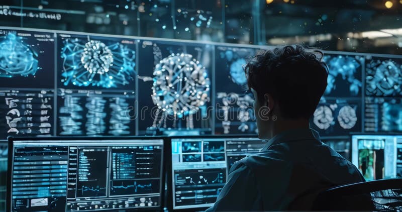 Artificial Intelligence. AI Complexity Shown As a Data Scientist Reviews Algorithms and Neural ...