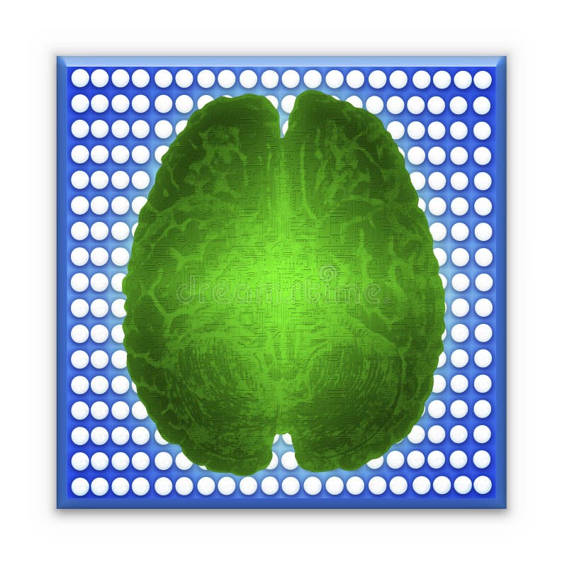 Green Glowing Brain Wired on Red Neural Surface or Electronic ...