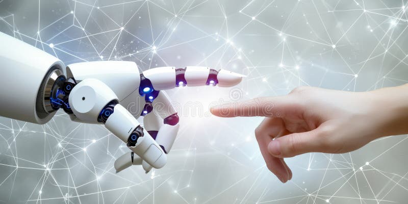 Artificial Intelligence AI Human Hand Touching Android Robot Business ...